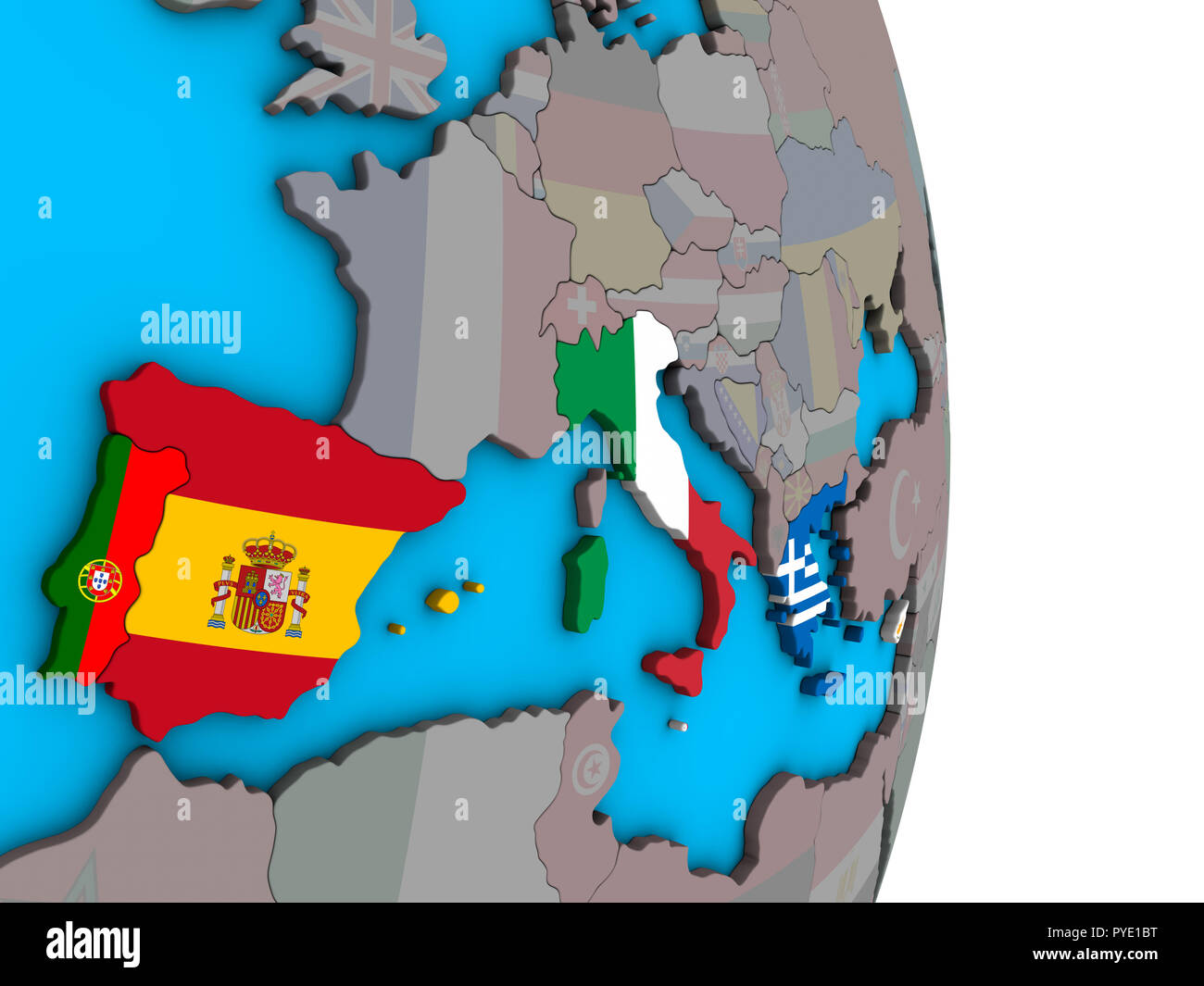 Southern Europe with embedded national flags on simple political 3D ...