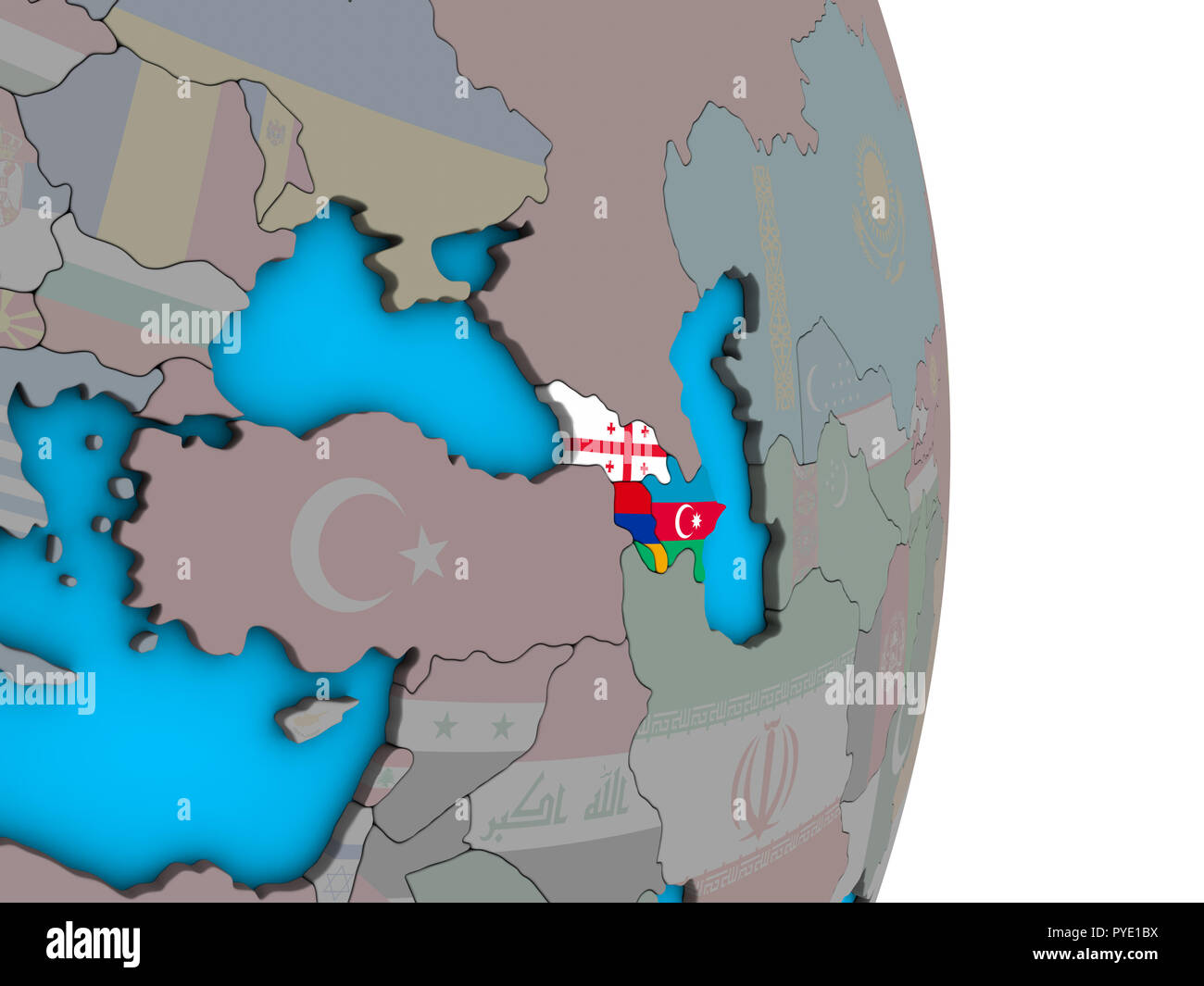 Caucasus region with embedded national flags on simple political 3D ...