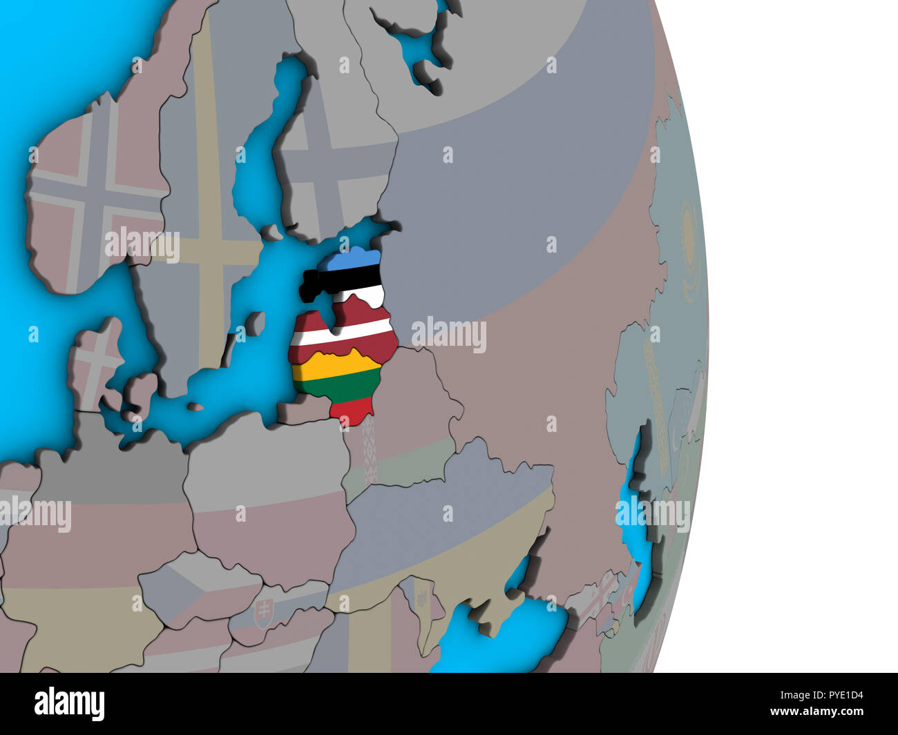 Baltic States with embedded national flags on simple political 3D globe ...