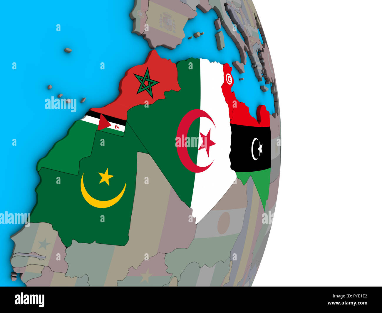 Maghreb region with embedded national flags on simple political 3D ...