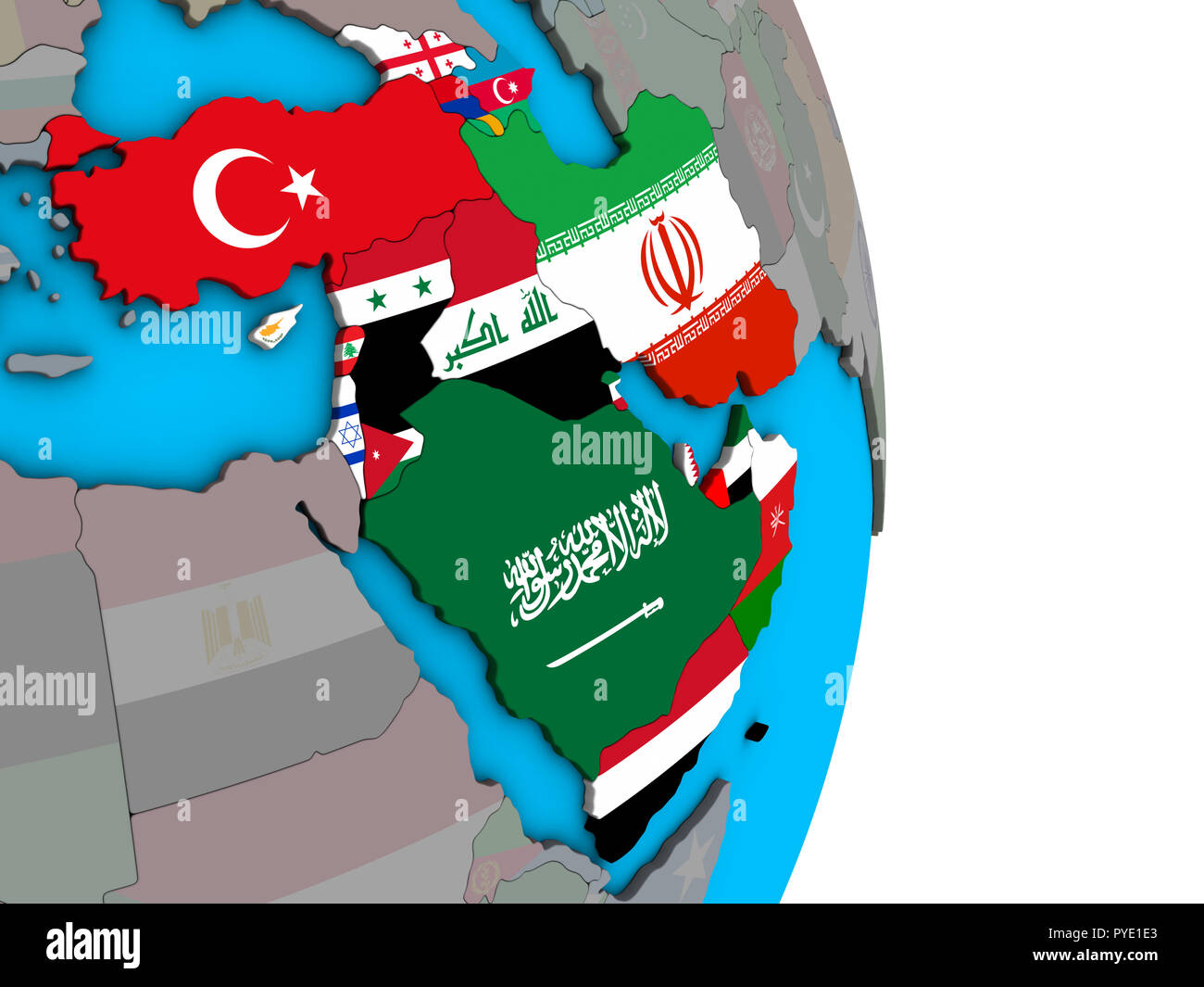 Western Asia with embedded national flags on simple political 3D globe ...