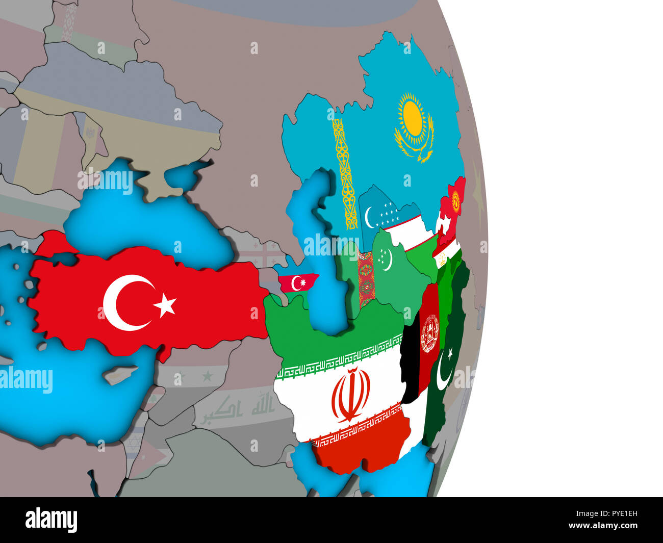 ECO member states with embedded national flags on simple political 3D ...
