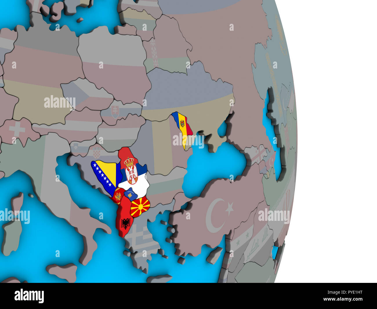 CEFTA countries with embedded national flags on simple political 3D ...