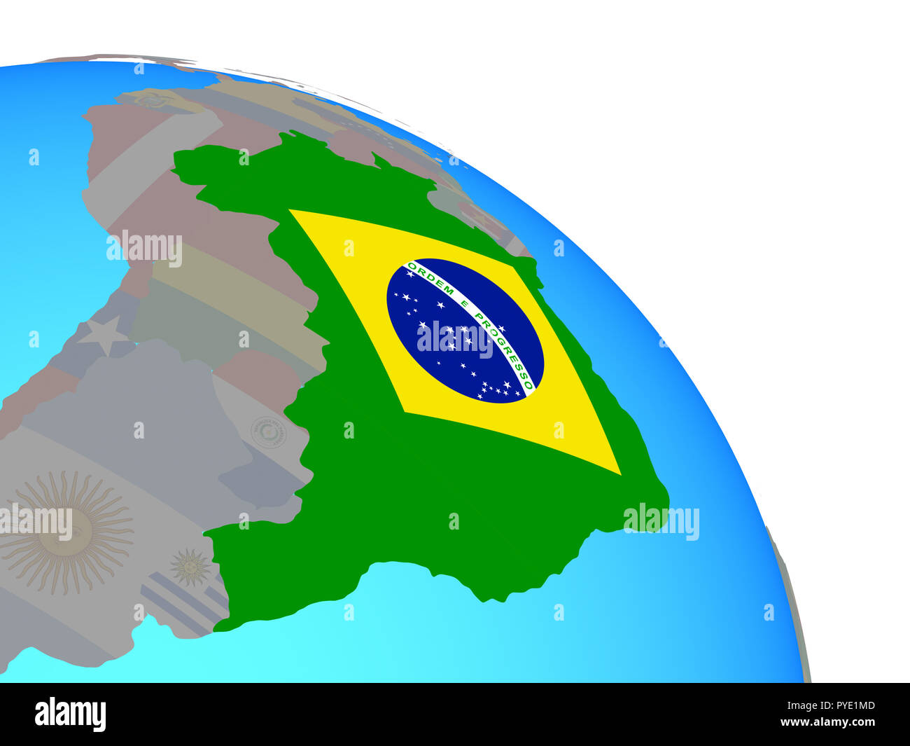 Brazil with national flag on simple blue political globe. 3D ...