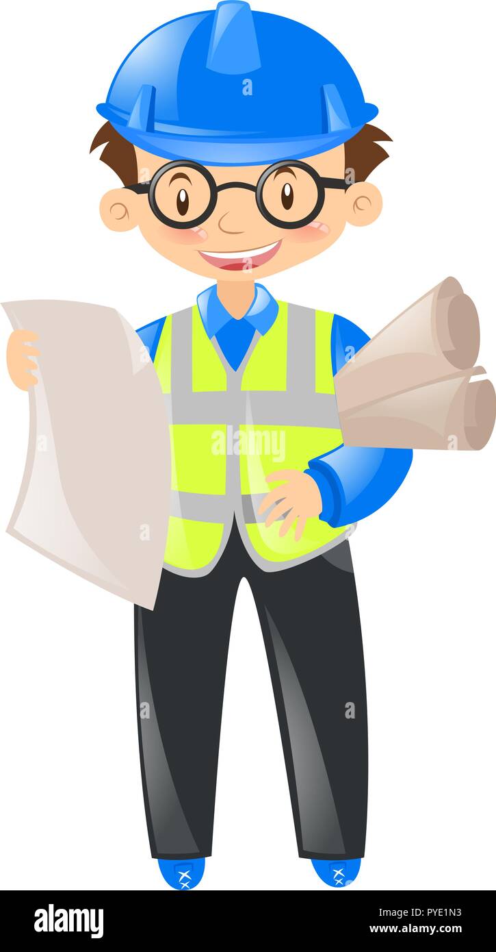Engineer wearing safety hat and holding files illustration Stock Vector ...