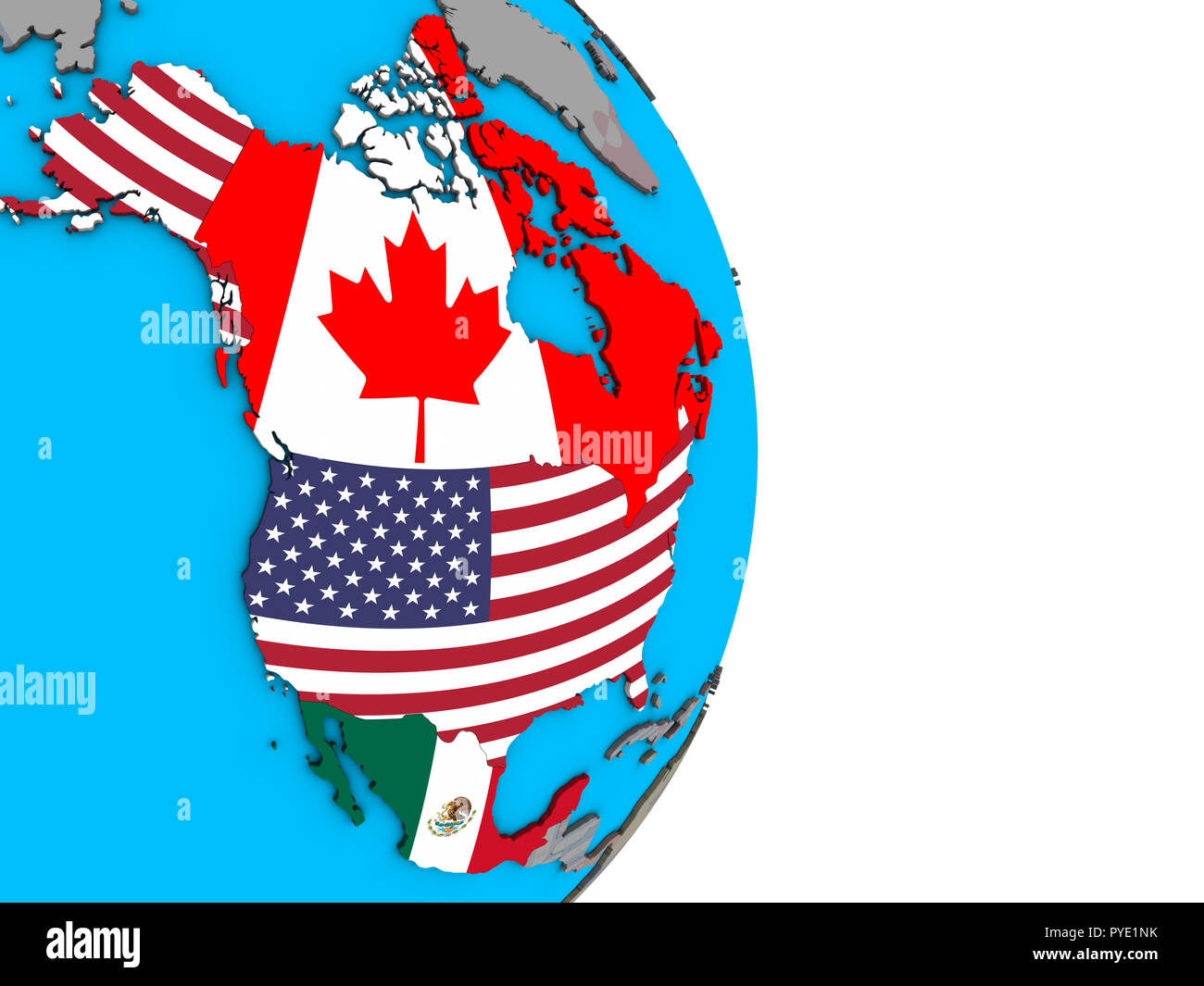 NAFTA memeber states with embedded national flags on simple political ...
