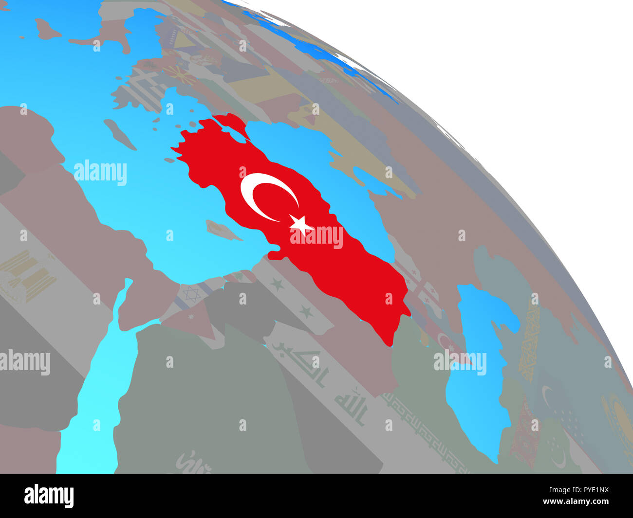 Turkey with national flag on simple blue political globe. 3D ...