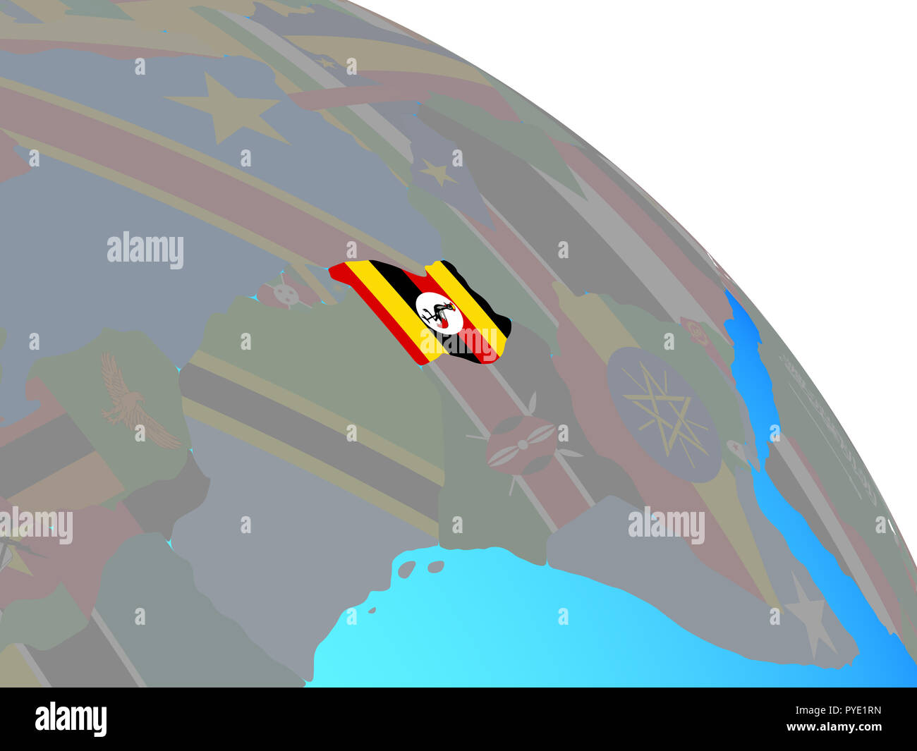 Uganda with national flag on simple blue political globe. 3D ...
