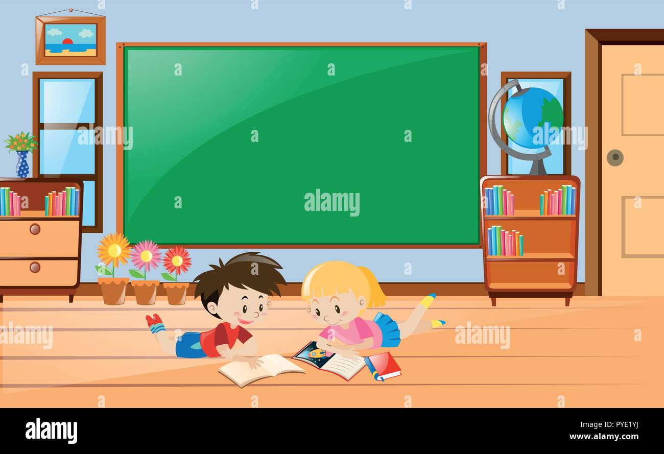 Boy and girl reading book in class illustration Stock Vector Image ...