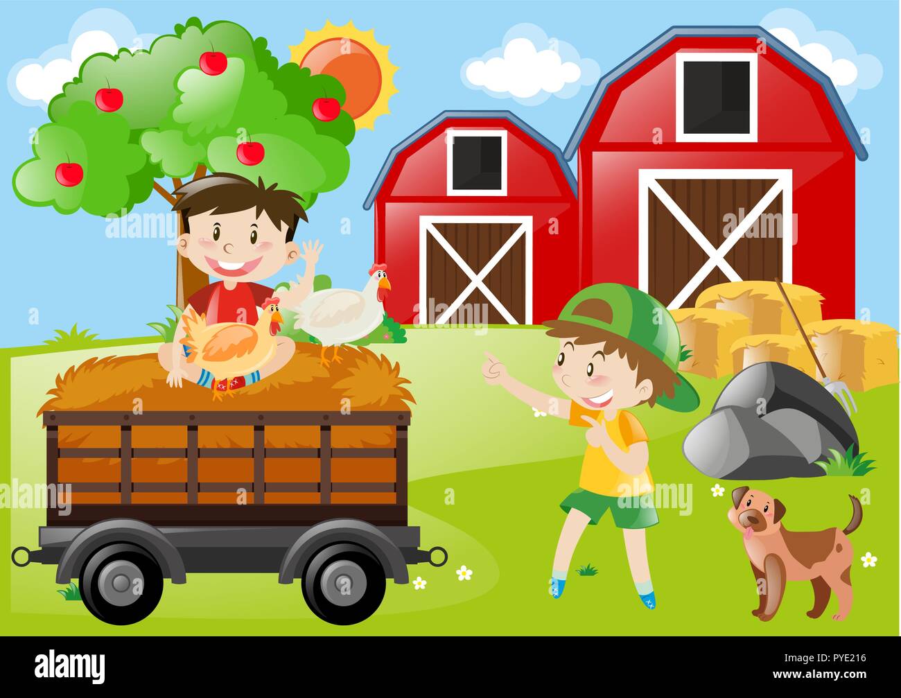Farm scene boys in the field illustration Stock Vector Image & Art - Alamy