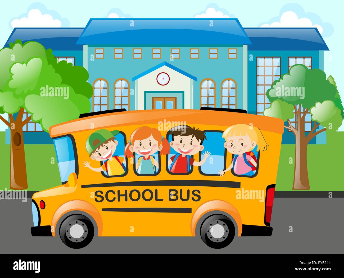 Children riding school bus to school illustration Stock Vector Image ...