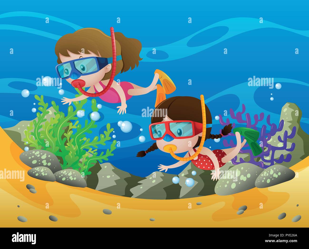 Two girls diving under the ocean illustration Stock Vector Image & Art ...