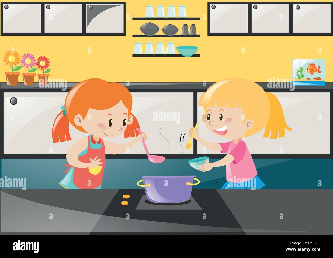 Two girls cooking soup in kitchen illustration Stock Vector Image & Art ...
