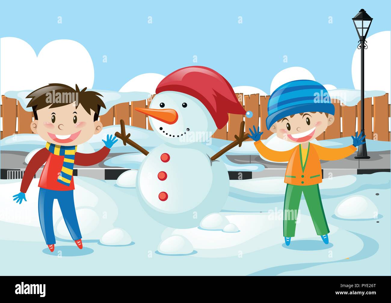 Boys and snowman on the road illustration Stock Vector Image & Art - Alamy