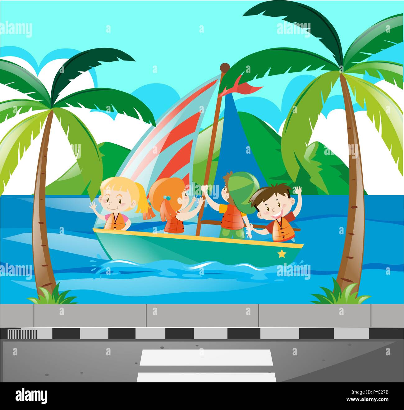 Kids sailing boat in the ocean illustration Stock Vector Image & Art ...