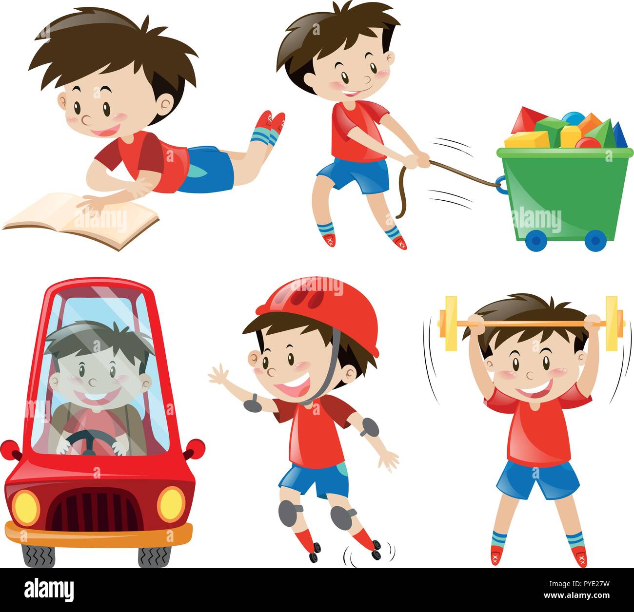 Boy in red shirts doing different actions illustration Stock Vector ...