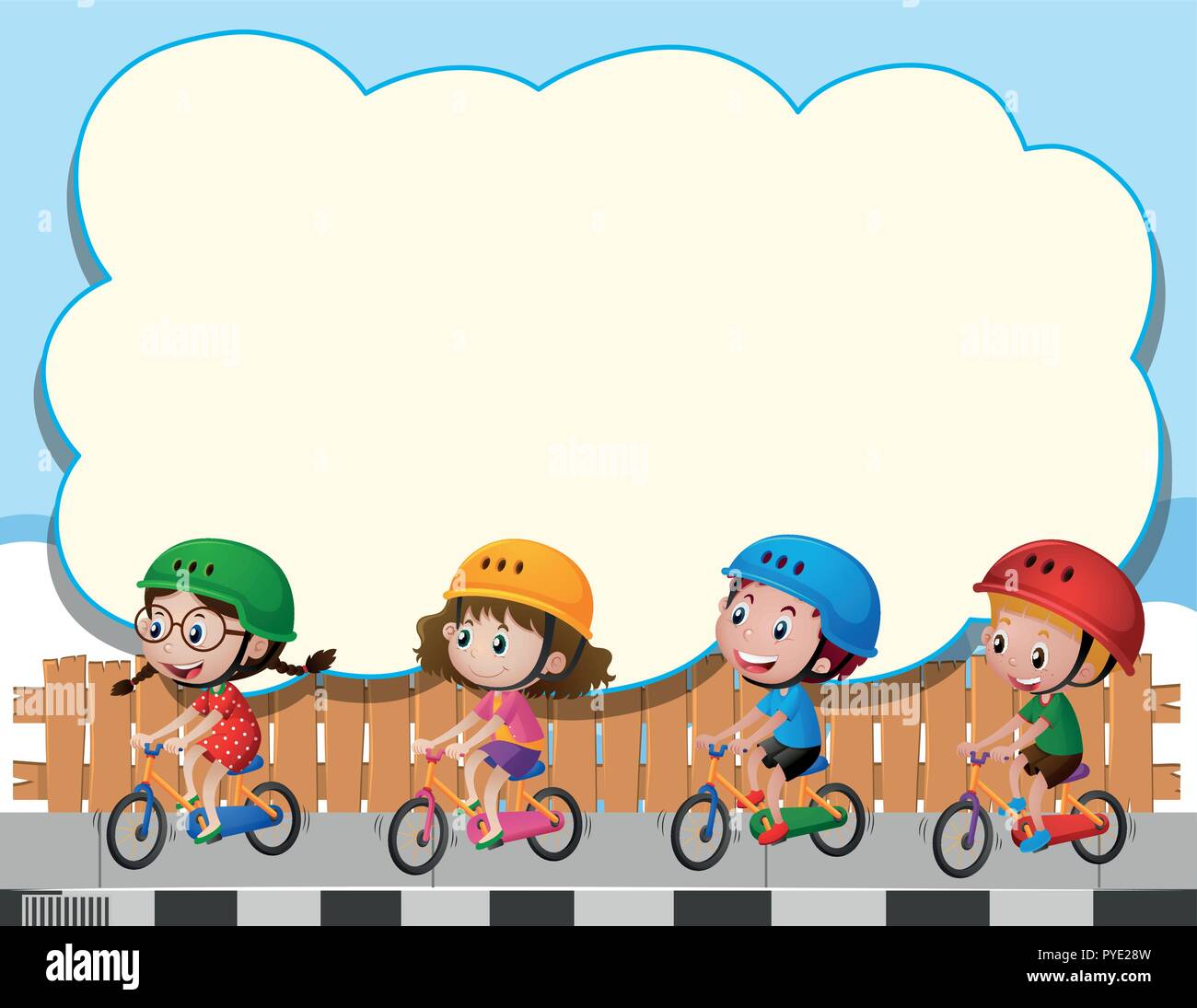 Border template with four kids riding bike illustration Stock Vector ...