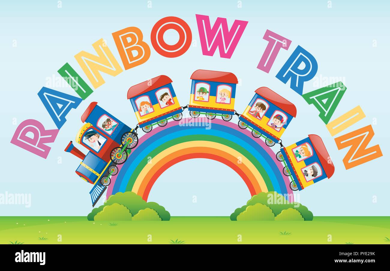 Rainbow train with kids riding on it illustration Stock Vector Image ...