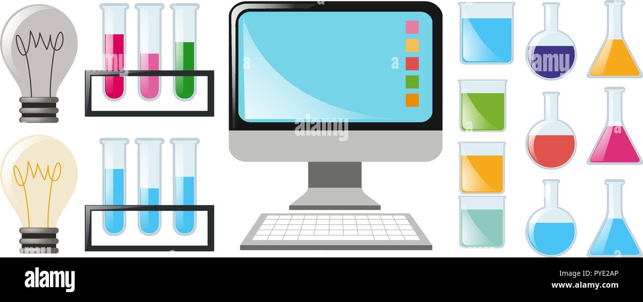Science set with beakers and computer illustration Stock Vector Image ...