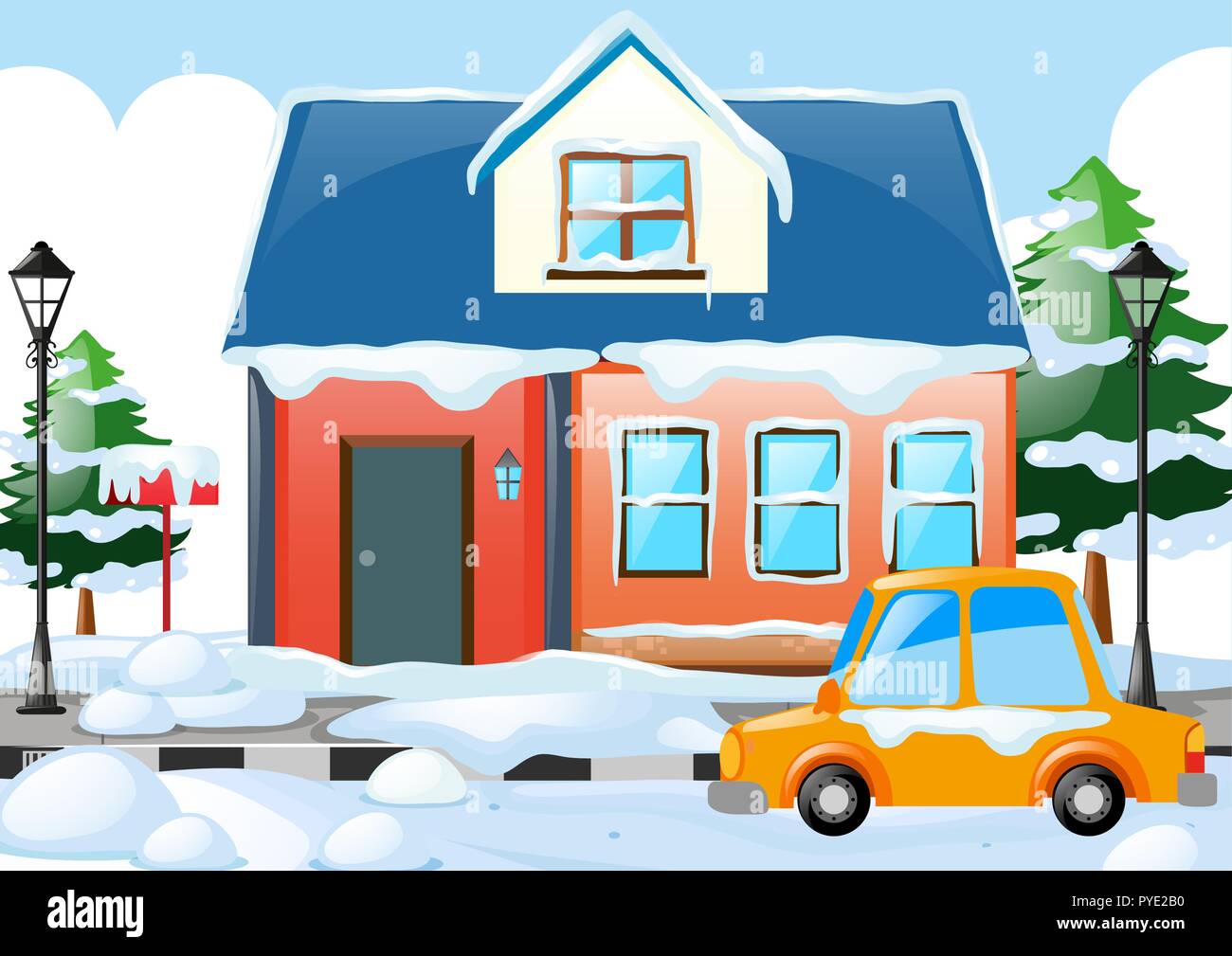 Scene with house and car covered by snow illustration Stock Vector ...