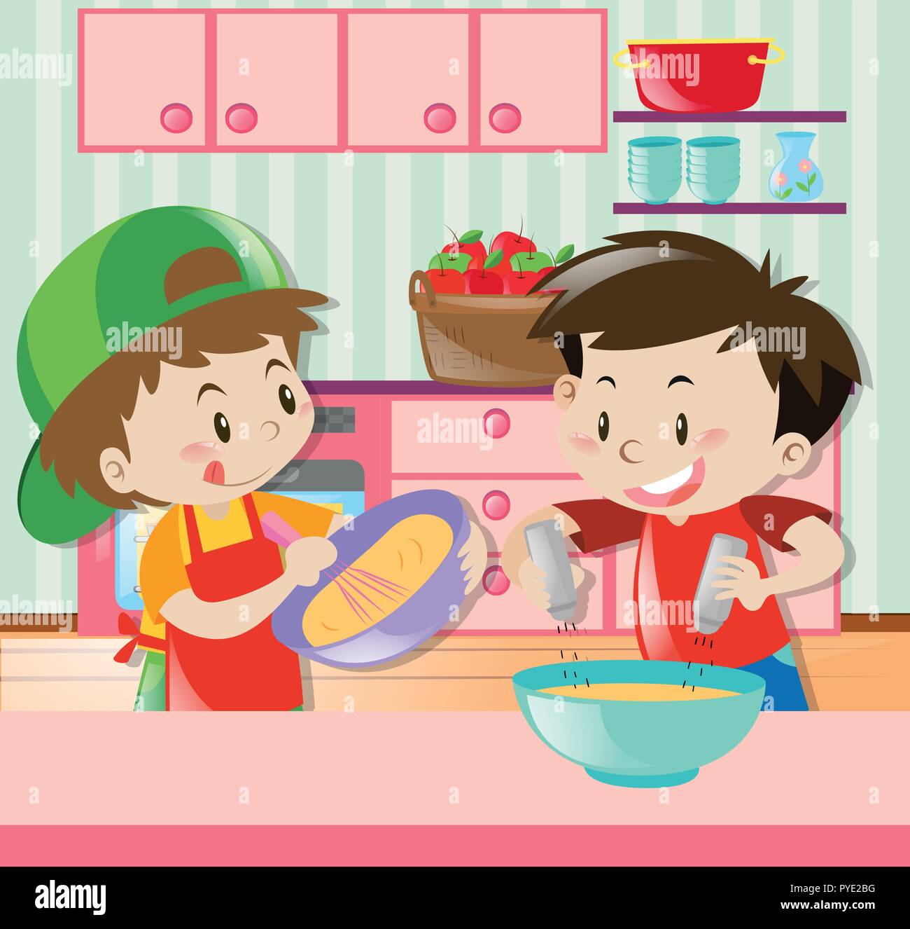 Two boys cooking in kitchen illustration Stock Vector Image & Art - Alamy