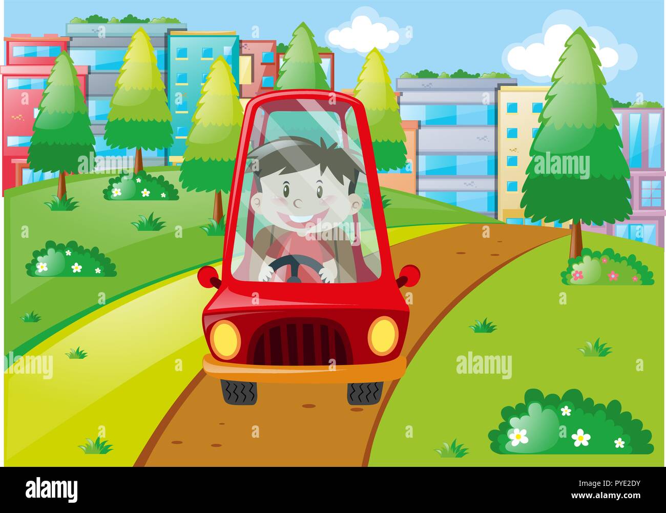 Boy driving red car in park illustration Stock Vector Image & Art - Alamy