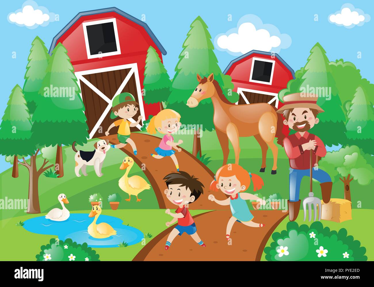 Many children and farmer in the farmyard illustration Stock Vector ...