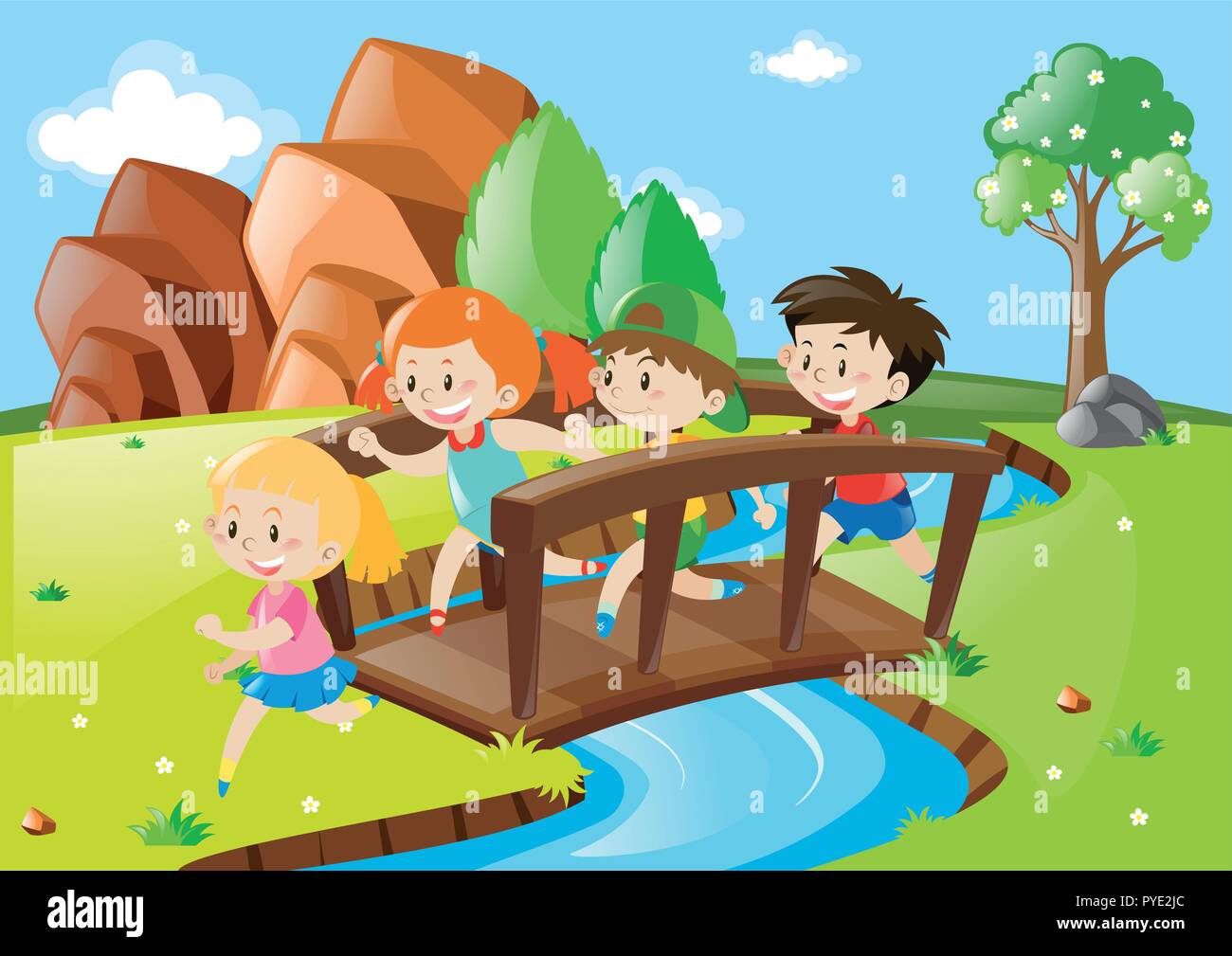 Many children crossing bridge in park illustration Stock Vector Image ...