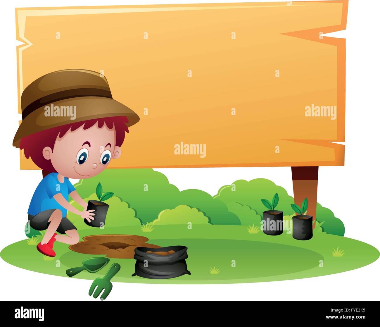 Wooden sign template with boy planting tree illustration Stock Vector ...
