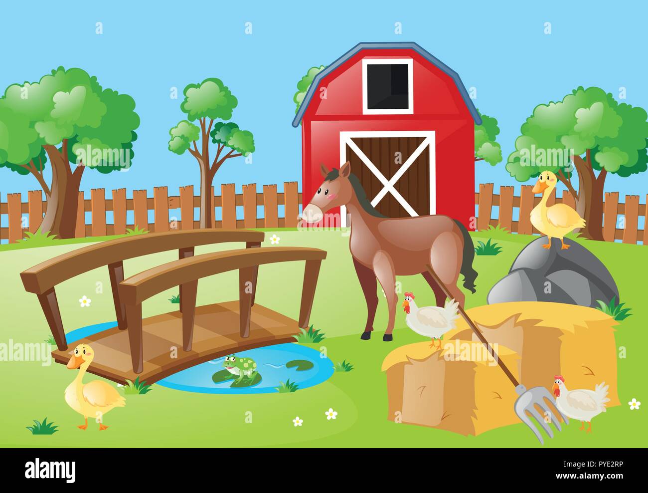 Farm scene with animals in the field illustration Stock Vector Image ...