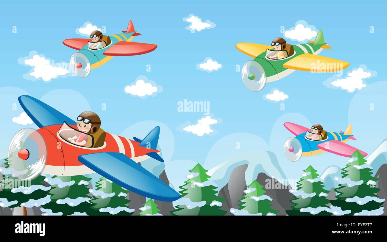 People flying plane over mountain illustration Stock Vector Image & Art ...
