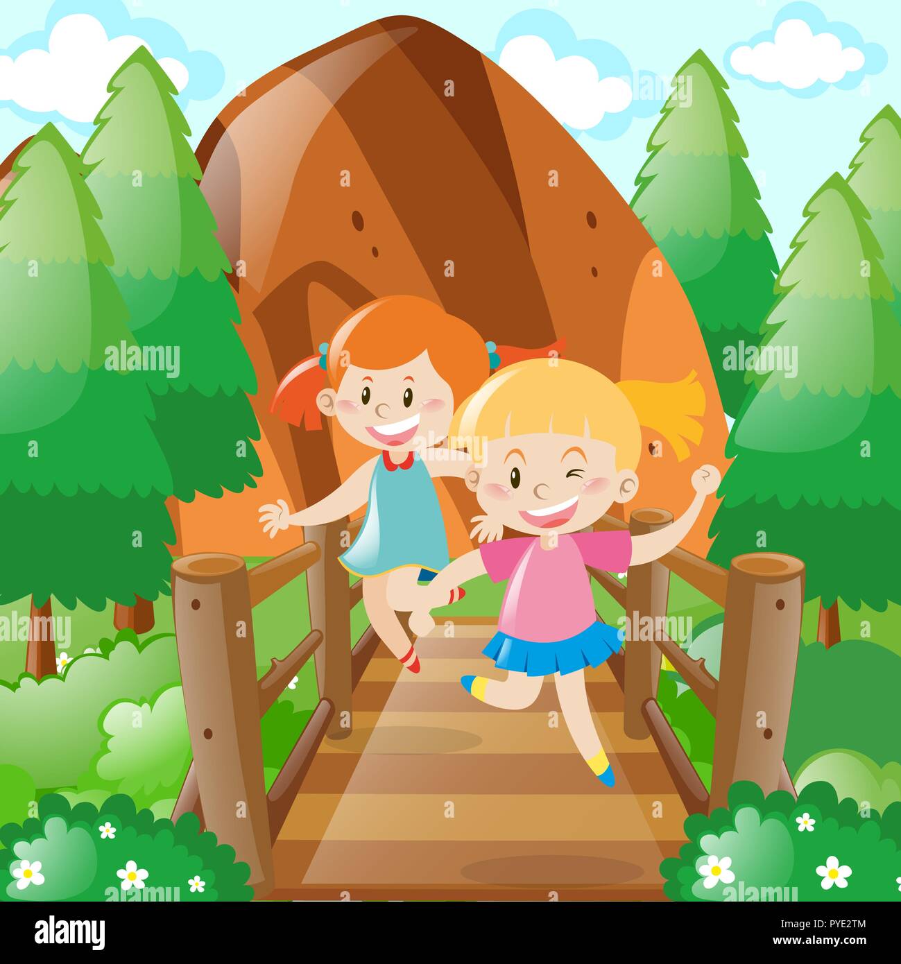 Two girls crossing wooden bridge illustration Stock Vector Image & Art ...