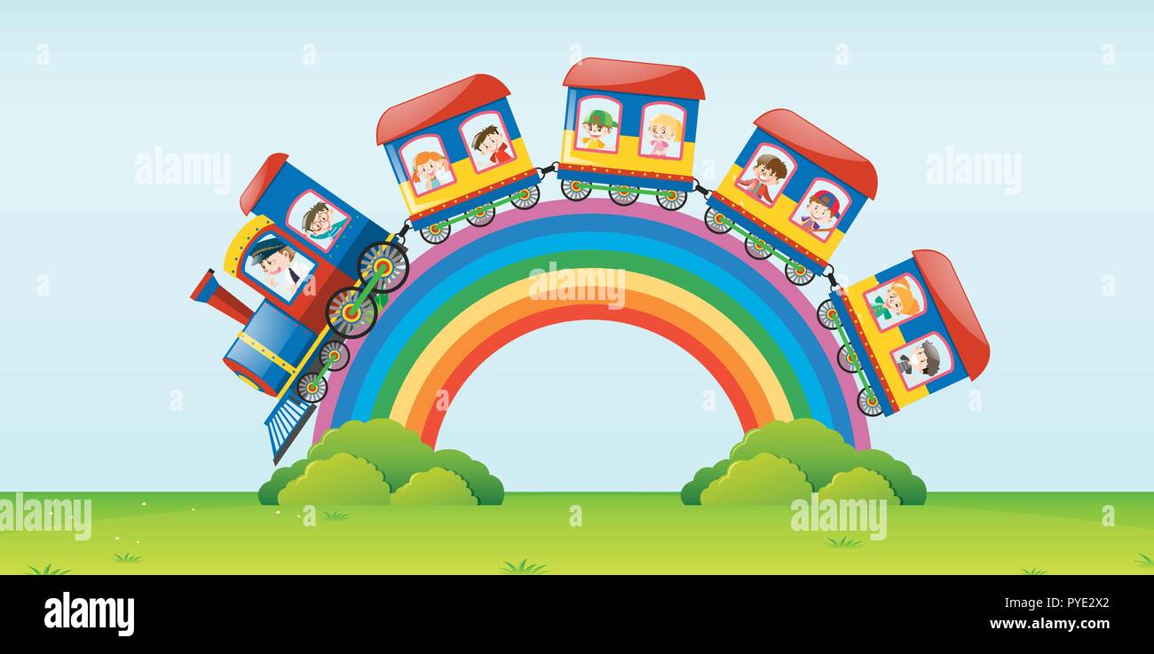 Scene with train riding over the rainbow illustration Stock Vector ...