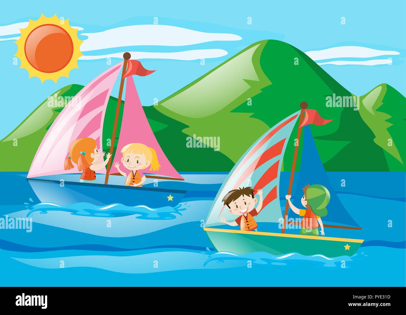 Children sailing boats in the sea illustration Stock Vector Image & Art ...