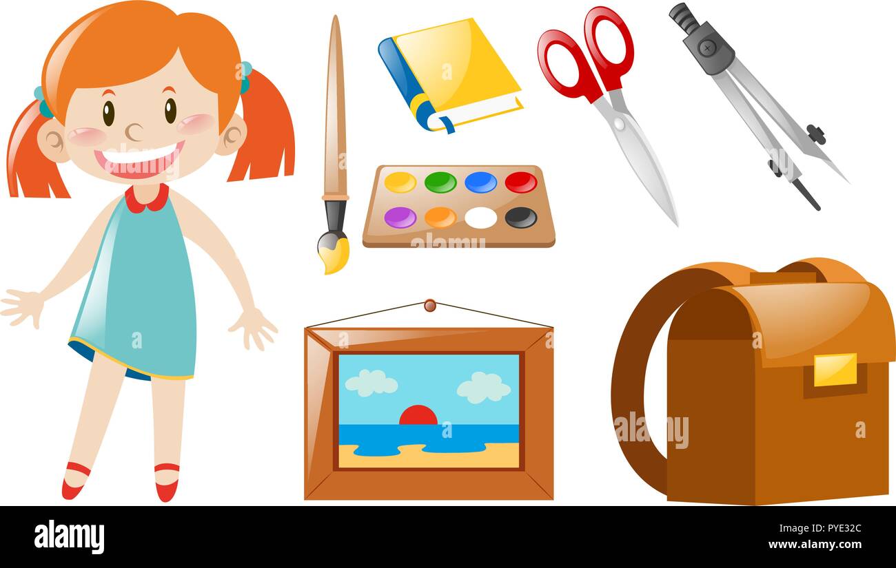 Girl and school objects illustration Stock Vector Image & Art - Alamy