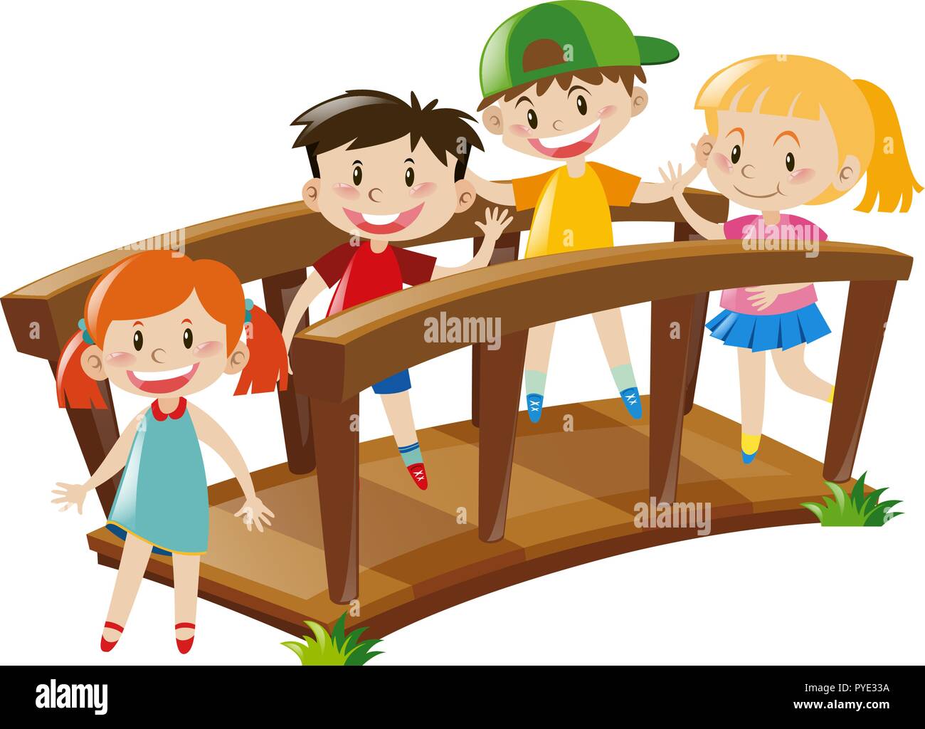 Four kids crossing wooden bridge illustration Stock Vector Image & Art ...