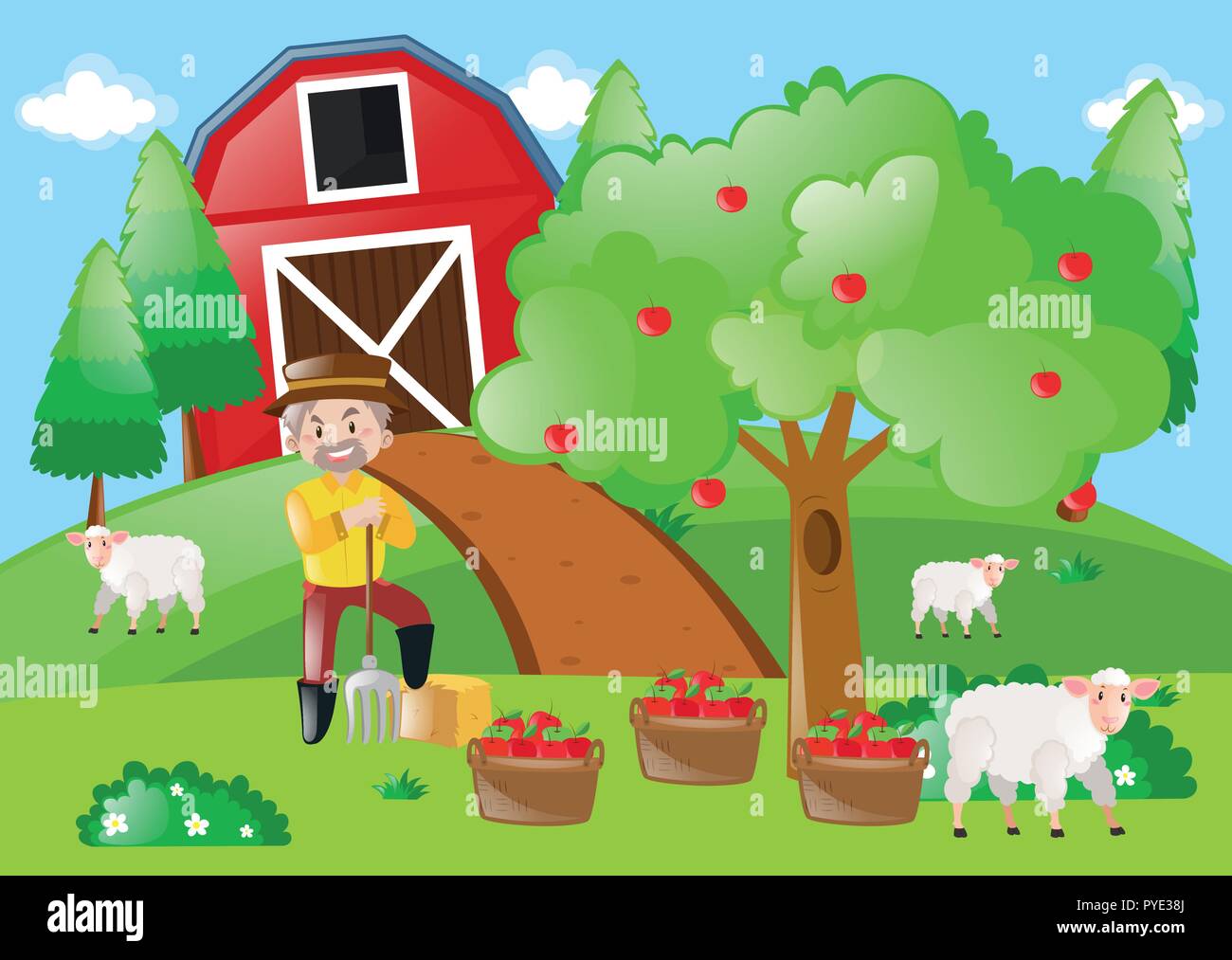 Farmer standing by the apple tree in the farm illustration Stock Vector ...