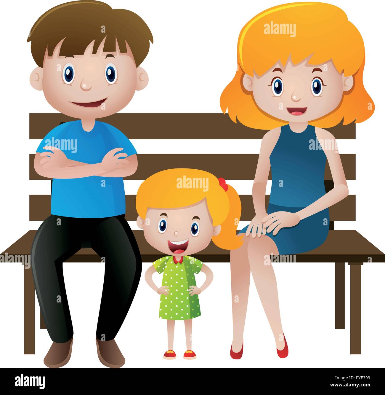 Parents and girl sitting on wooden bench illustration Stock Vector ...