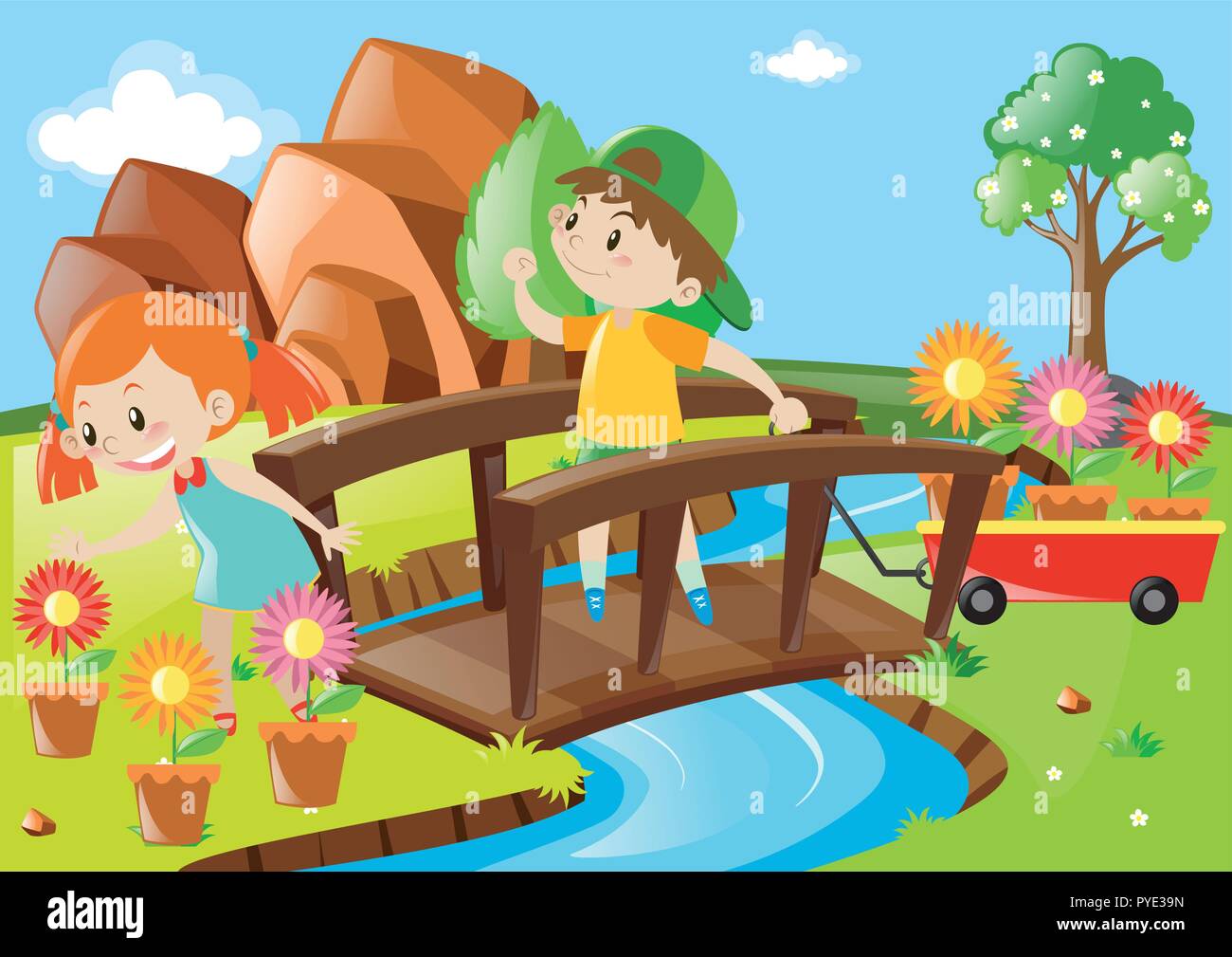 Boy and girl in garden illustration Stock Vector Image & Art - Alamy