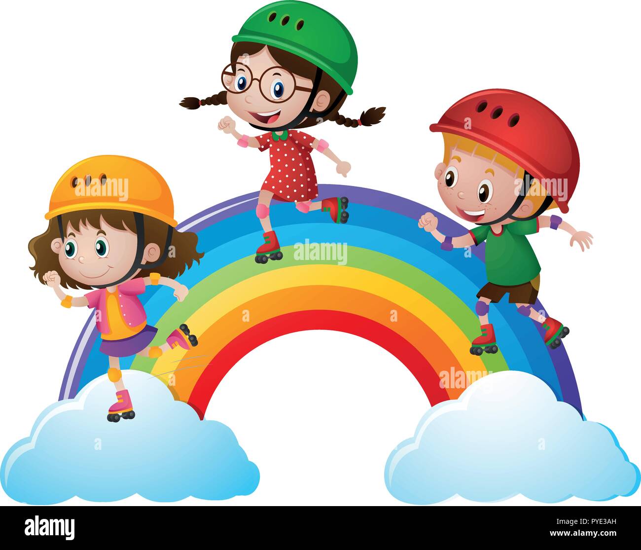 Three kids skating on the rainbow illustration Stock Vector Image & Art ...
