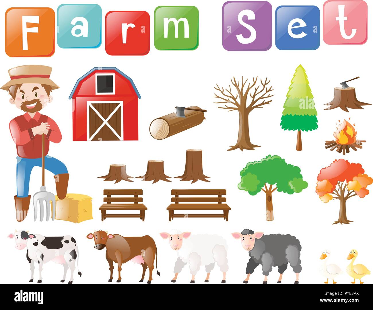 Farm set with farmer and other elements illustration Stock Vector Image ...