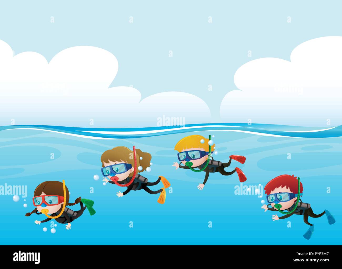 Four kids scuba diving under the ocean illustration Stock Vector Image ...