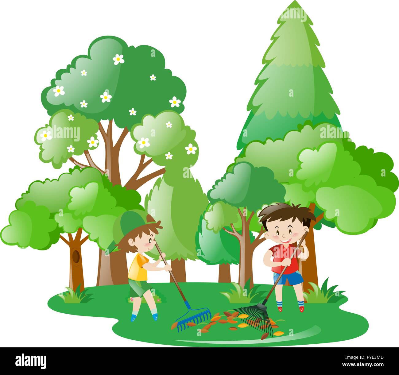 Two boys raking leaves in forest illustration Stock Vector Image & Art ...