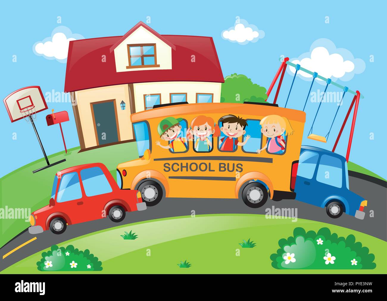 Children riding on school bus illustration Stock Vector Image & Art - Alamy