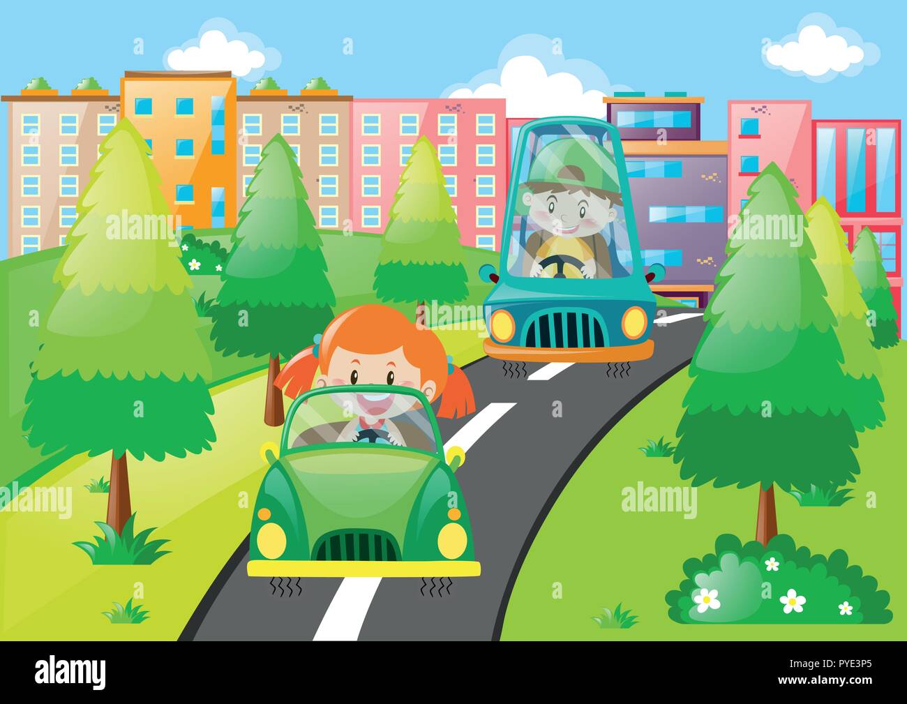 Boy and girl driving cars in the park illustration Stock Vector Image ...