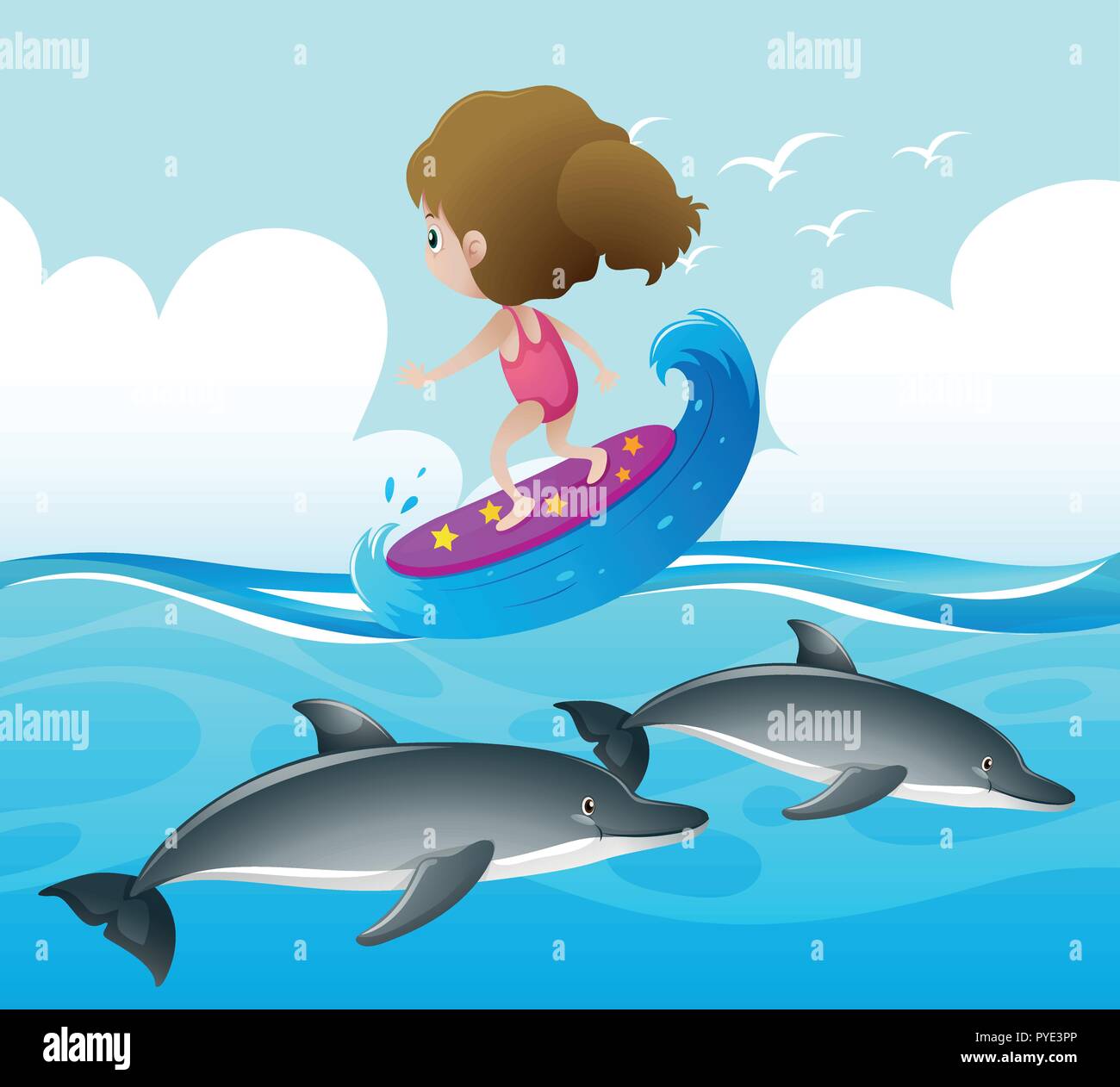 Ocean scene with girl and dolphin illustration Stock Vector Image & Art ...