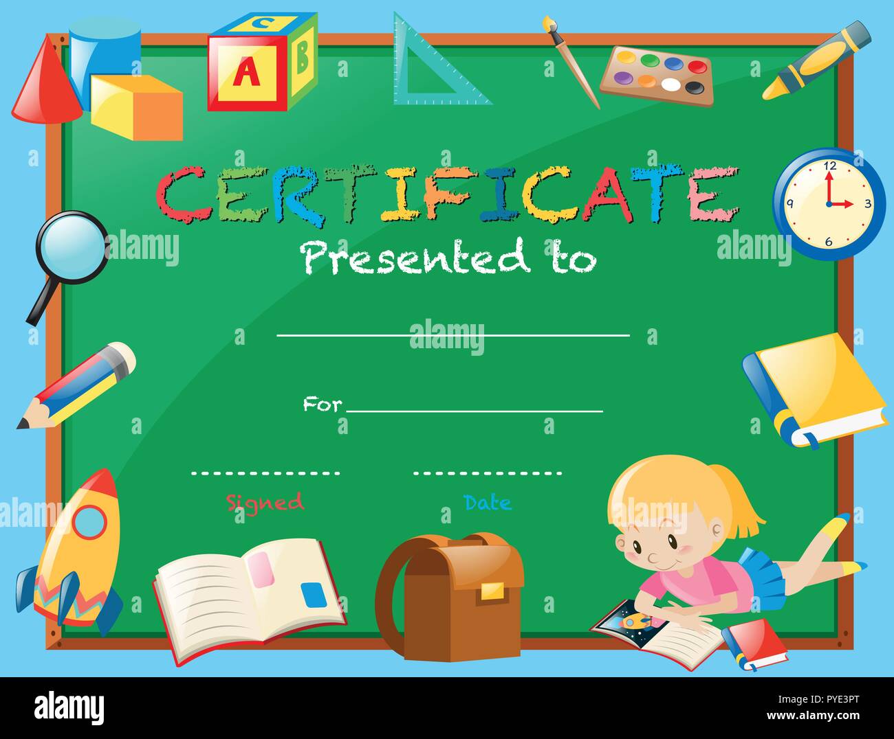 Certificate template with girl reading book illustration Stock Vector ...