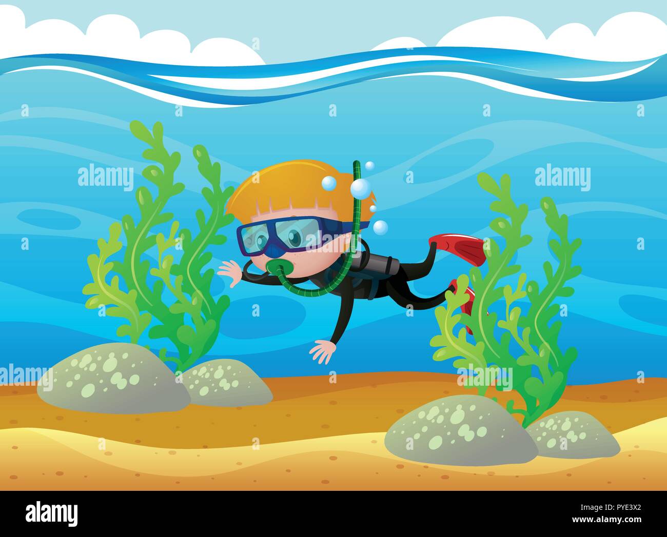 Boy scuba diving under the ocean illustration Stock Vector Image & Art ...