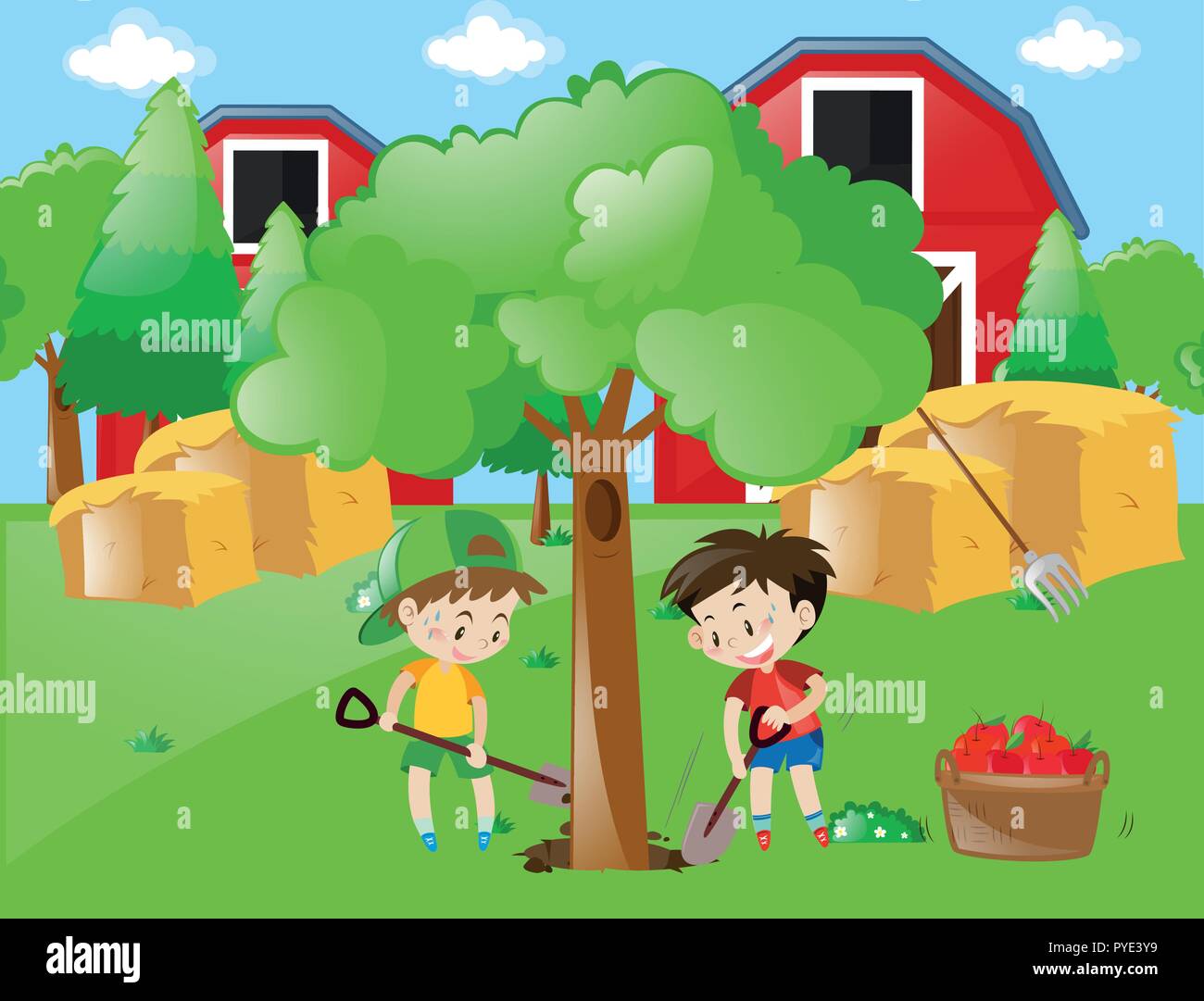 Two boys planting big tree in garden illustration Stock Vector Image ...