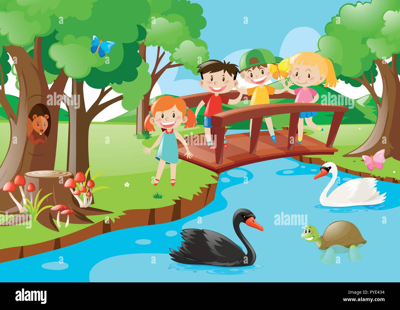 Kids on the bridge and animals in the park illustration Stock Vector ...